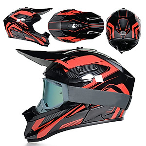 Motocross Helmets Outdoor Sport Offroad Mountain Helmet, Adults Dirt Bike ATV MTB Four Wheeler Motorcycle Full Face Helmet, DOT Approved Racing Crash Helmet with Gloves Goggles Mask -L-Small