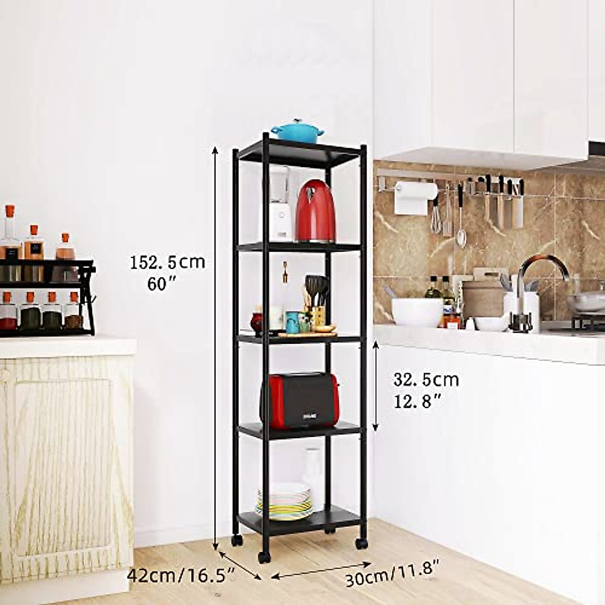 5-Tier Metal Rolling Cart Organizer with Wheels ，Adjustable Heavy Duty Free Standing Baker's Rack for Kitchens,Storage Tower for Pantry Laundry Bathroom Narrow Places