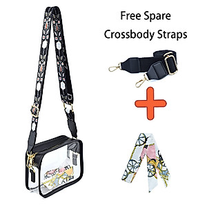 KlaOYer 2 Adjustable Strap PVC Clear Crossbody Bags with Silk, Stadium Approved Transparent Shoulder Bag Handbag Small Square Phone Bag Zipper Purse (black 2)