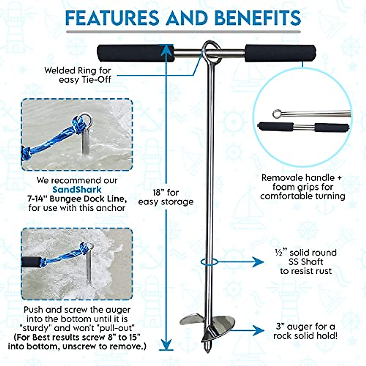 SandShark 18 inch Lite Series Boat Anchor - Shallow Water Anchor Pole - Jet Ski Anchor, Kayak Anchor, Pontoon Boat Accessories for Beach and Sandbar - 316 Stainless Steel w/Handle and Padded Case