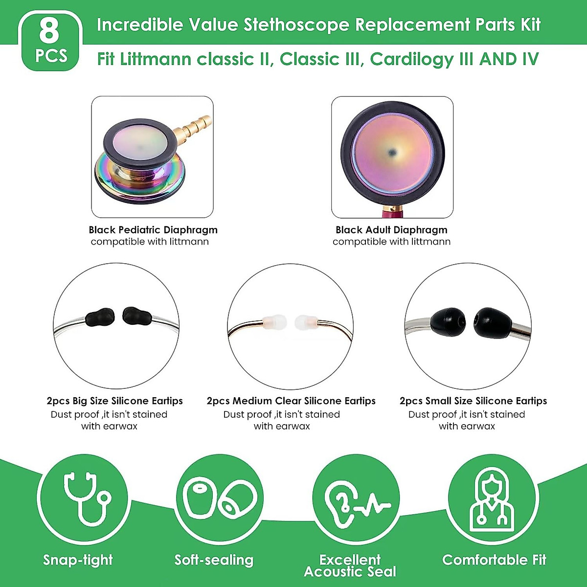 8Pcs 3 Sizes(S/M/L) Littmann Stethoscope Replacement Ear Tips Pieces Diaphragm, Littmann Stethoscope Accessories Repair Kit Ear Bud Plug Cover Large Medium Small Stethoscope Diaphragm Drum Spare Parts