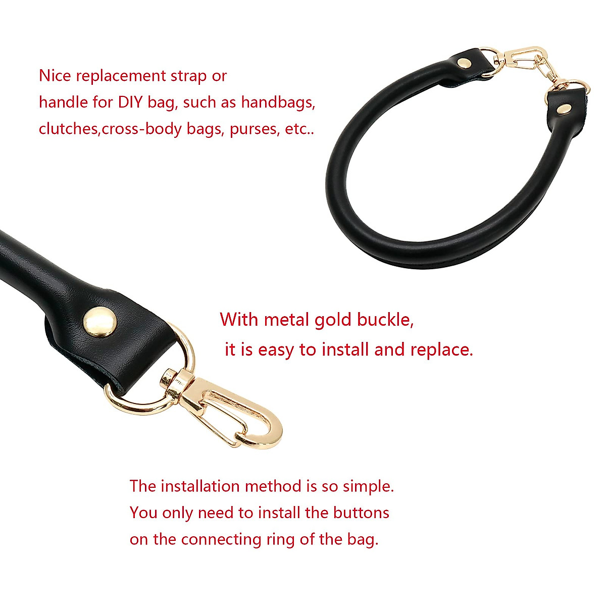 Semetall Black Purse Straps Replacement 2 Pack 40cm/15.7" Total Length PU Leather Handbag Handles Black Leather Purse Handles with Metal Button