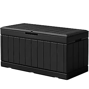 Flamaker Outdoor Storage Box 85 Gallon Resin Waterproof Deck Box with Wood Texture Large Storage Bin for Patio Cushions (Black)