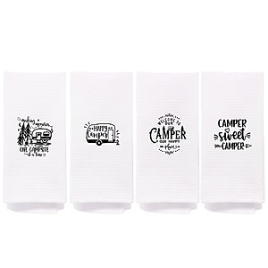 NEGIGA Camping Kitchen Towels and Dishcloths Sets 24x16 Inch Set of 4,Campsite RV Decor Decorative Dish Hand Tea Bath Towels for Kitchen Bathroom,Happy Camper Sweet Camper Towels Set