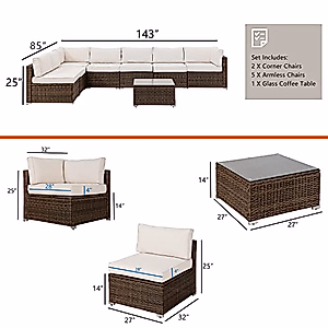 HOMPUS 8-Piece Outdoor Handwoven PE Rattan Wicker L-Shaped Corner Conversation Set Furniture Brown Patio Sectional Sofa Set w Beige Seat Cushions, Glass Coffee Table for Garden,Backyard,Pool