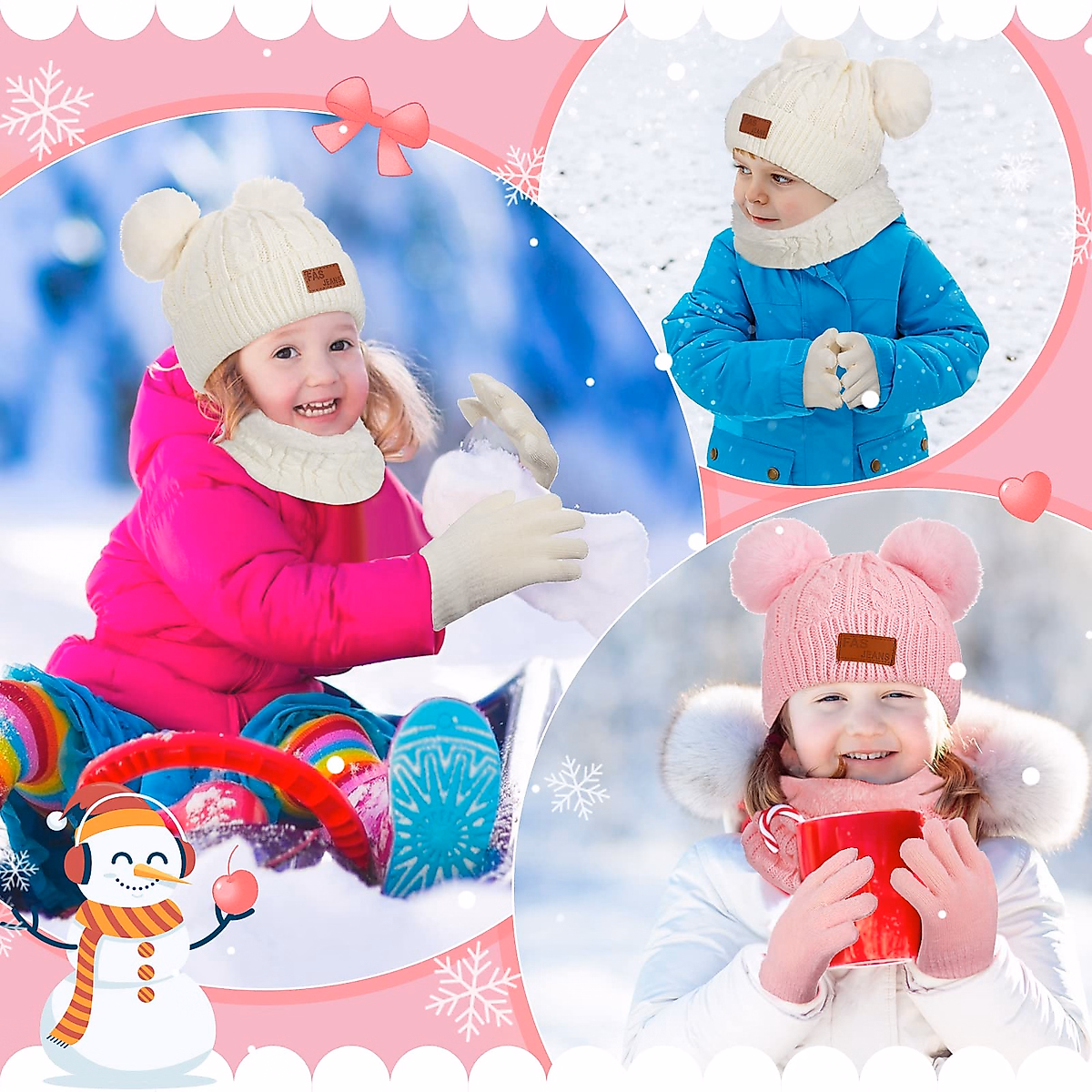 2 Set Kids Winter Hat Scarf Gloves Set Warm Toddler Knit Beanies Gloves Neck Warmer Set for Boys Children Girls (White, Pink)