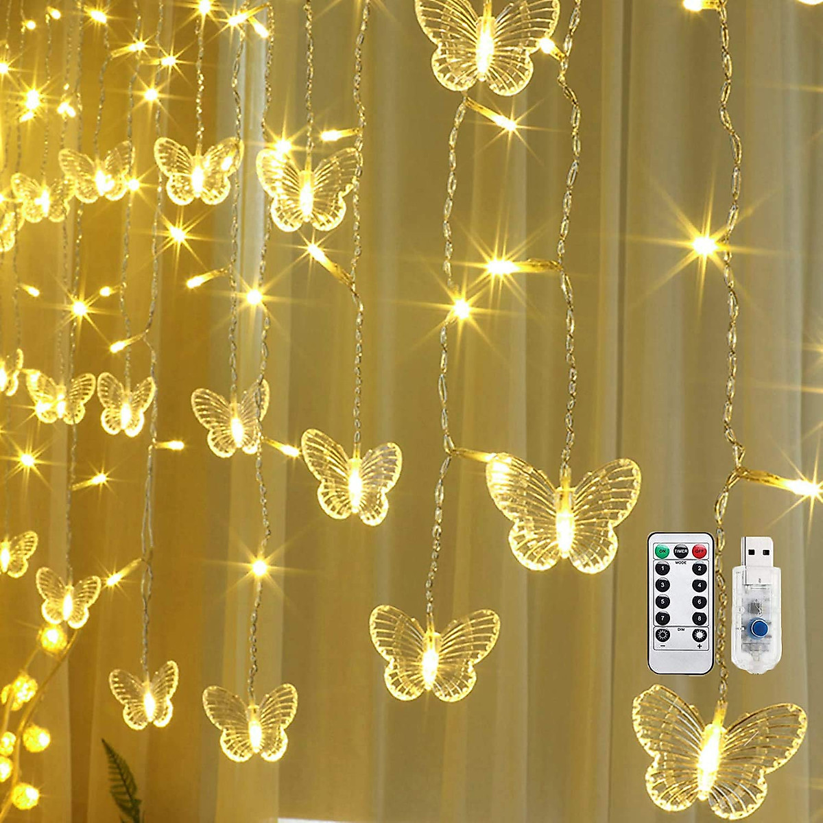 Cynzia Butterfly Curtain Lights, 8 Modes 48LED Twinkle String Light with Remote 4.9FT USB Powered Window Fairy Light, Decorative Lights for Bedroom, Party, Wedding, Holiday, Christmas (Warm White)