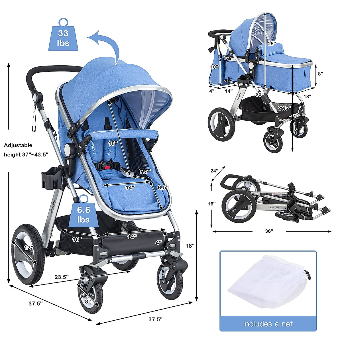 BABY JOY Baby Stroller, 2-in-1 Convertible Bassinet Reclining Stroller, Foldable Pram Carriage with 5-Point Harness, Including Cup Holder, Foot Cover, Diaper Bag, Aluminum Structure, Blue