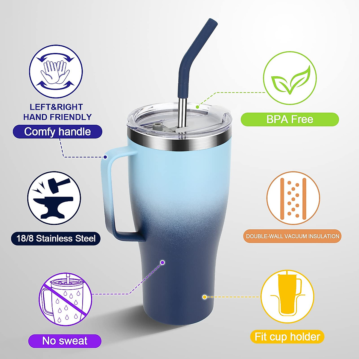 Zukro 32 oz Tumbler with Handle and Straw, No Sweat Double Wall Insulated Stainless Steel Coffee Cup with 2 Lids, Leakproof Travel Mug For Hot and Cold Drinks, Dishwasher Safe, Fit in Cupholder