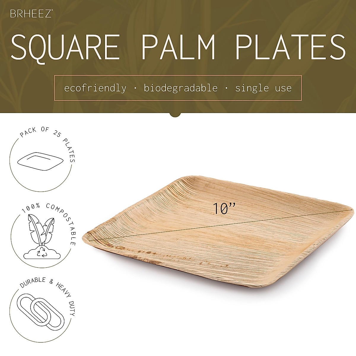brheez Bamboo Plates made from Palm Leaf 25 Party Plates 10 Inch Eco Friendly Compostable & Biodegradable – Disposable Plates Heavy Duty and More Environmentally Friendly than Paper Plates