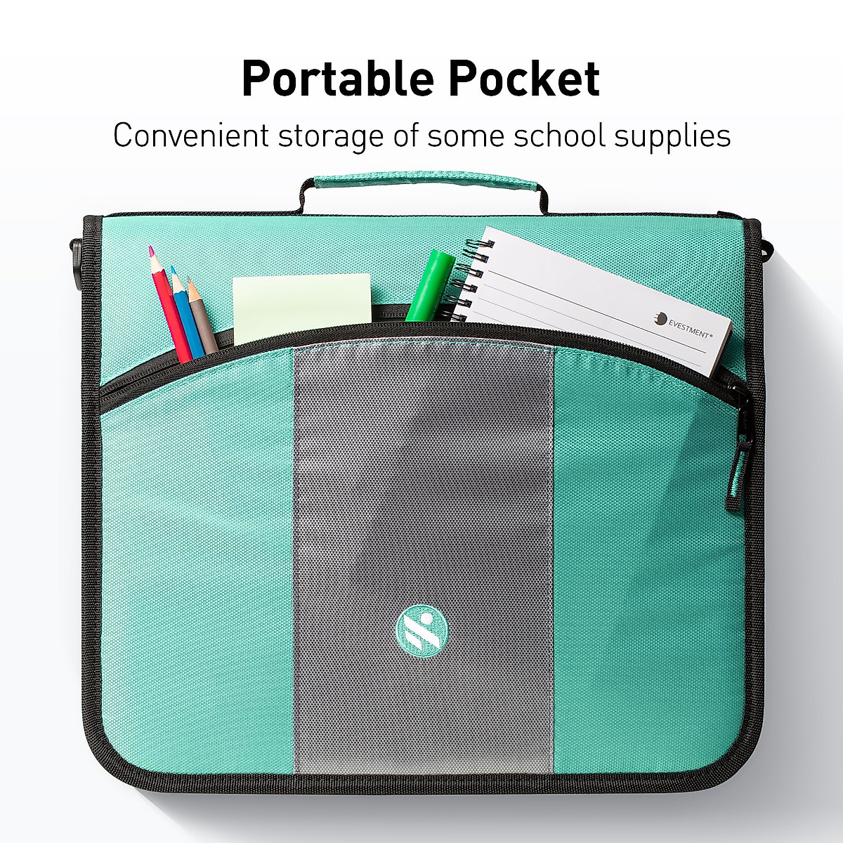 Kinbashi 3 Inch 3 Rings Zipper Binder, Round Ring Binder with Expanding Files, Handle and Shoulder Strap, Green