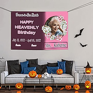 Custom Memorial Banner, Personalized Birthday Banners in Memory with Photo Name Date, Customizable Polyester Happy Heavenly Birthday for Outdoor Porch Patio Decorations 47x71 inches