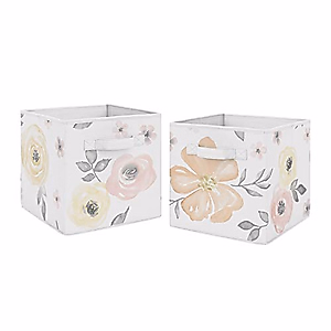 Sweet Jojo Designs Yellow Pink Watercolor Floral Foldable Fabric Storage Cube Bins Boxes Organizer Toys Kids Baby Childrens - Set of 2 - Blush Peach Orange Cream Grey Shabby Chic Rose Flower Farmhouse