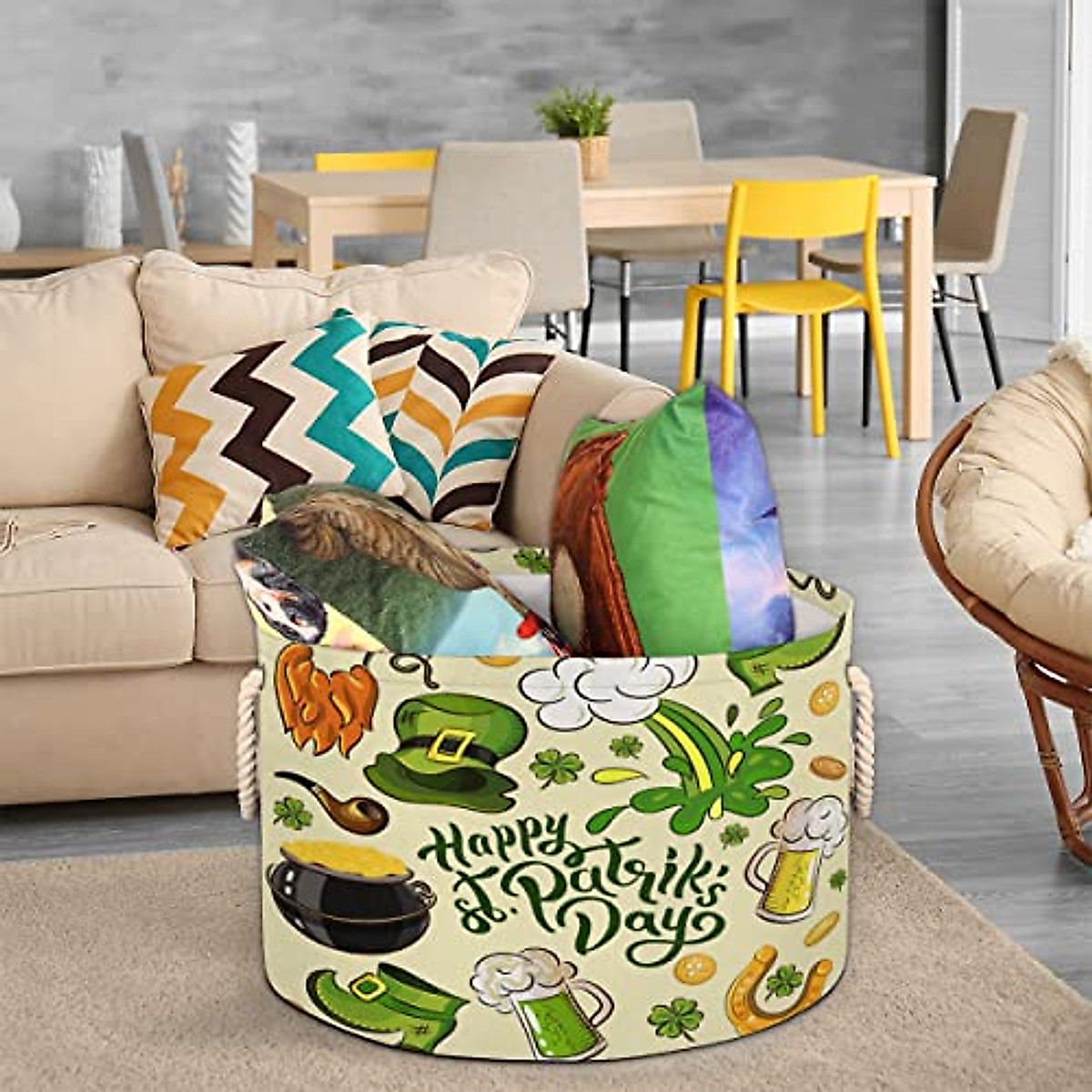 Happy St.patrick 's Day Letters Large Round Baskets for Storage Laundry Baskets with Handles Blanket Storage Basket for Bathroom Shelves Bins for Organizing Nursery Hamper Girl Boy