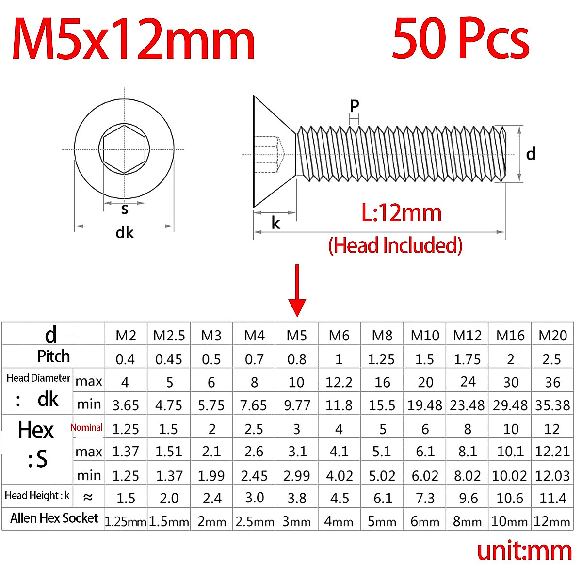 M5-0.8 x 12mm Flat Head Socket Cap Screws Bolts, Stainless Steel 18-8 (304), Bright Finish, Allen Socket Drive,Machine Screws Inner Hex Screw Fasteners Bolts 50 Pcs