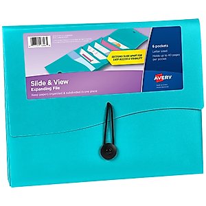 Avery Slide & View Expanding File Folder, 6 Pockets, Letter Size, 1 Aqua Folder (73544)