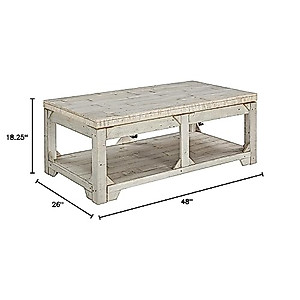 Signature Design by Ashley Fregine Farmhouse Rectangular Lift Top Coffee Table with Floor Shelf, Whitewash with Weathered Finish