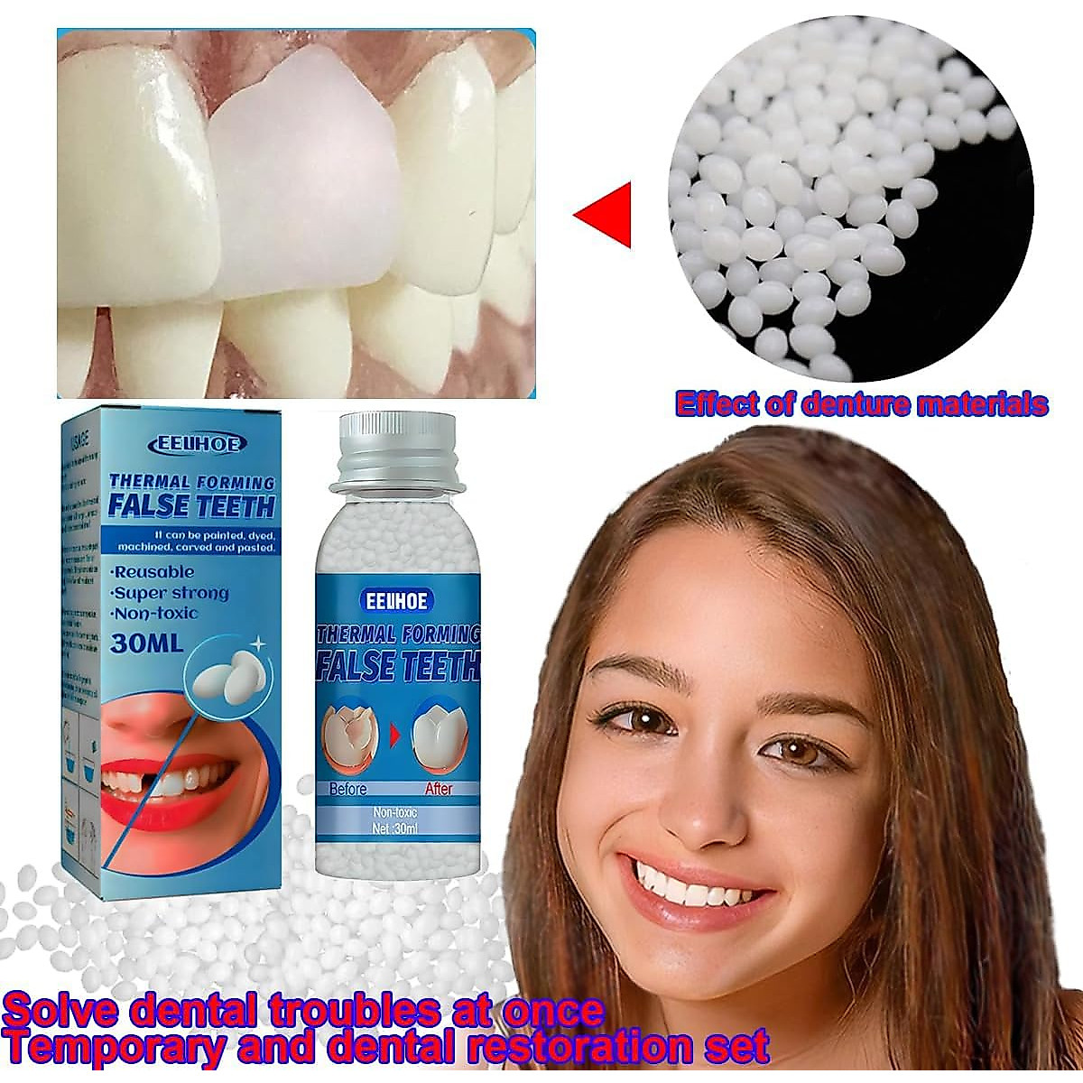Fake Teeth Repair Kit, Provisional Fake Teeth Replacement Kit for Provisional Restoration 【100% New 30Ml -1 Bottle】