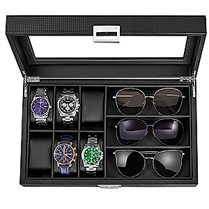 BEWISHOME Watch Box Sunglass Organizer with Real Glass Top, 6 Watch Case and 3 Slots Sunglasses Box for Men, Carbon Fiber Design, Black SSH18C