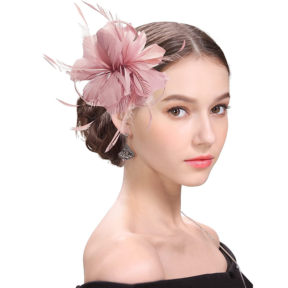 ELLYDOOR Fascinator Hats for Women Feather Flower Hair Clip Brooch Wedding Tea Party Hat Kentucky Derby Headwear Nude Pink One Size