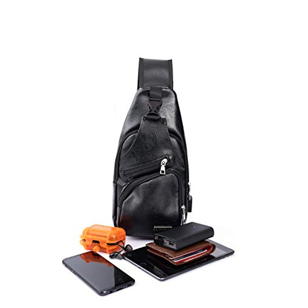 Vintage Men's Leather Sling Bag,Chest Shoulder Backpack, Water waterproof Crossbody Bag with USB Charging Port -Black