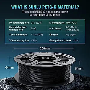 SUNLU PETG-G 3D Printer Filament 1.75mm 1 kg Spool, Better Flow of SUNLU no plugging Premium PETG-G Filament 1.75 +/- 0.02 mm for 3D Printing，Black