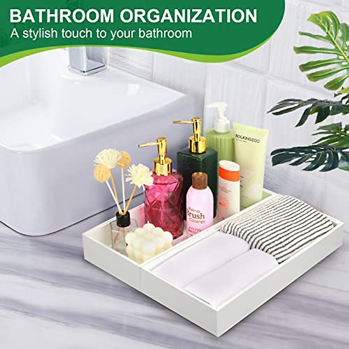 Lixple Kitchen Drawer Organizer - 2 Pack, Stackable Bamboo Drawer Organizers, Wooden Storage Box Tray for Cabinet, Pantry, Bathroom Countertop, Multi-use Organization and Storage (White)