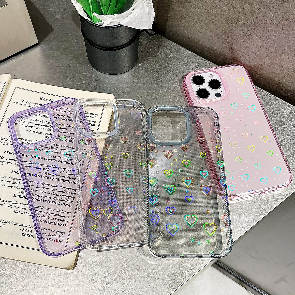 SmoBea Compatible with iPhone 14 Pro Max Case (No Fit iPhone 14 Plus), Holographic Laser Bling Heart Soft & Flexible TPU and Hard PC Shockproof Cover Women Girls Phone Case (Heart/Clear)