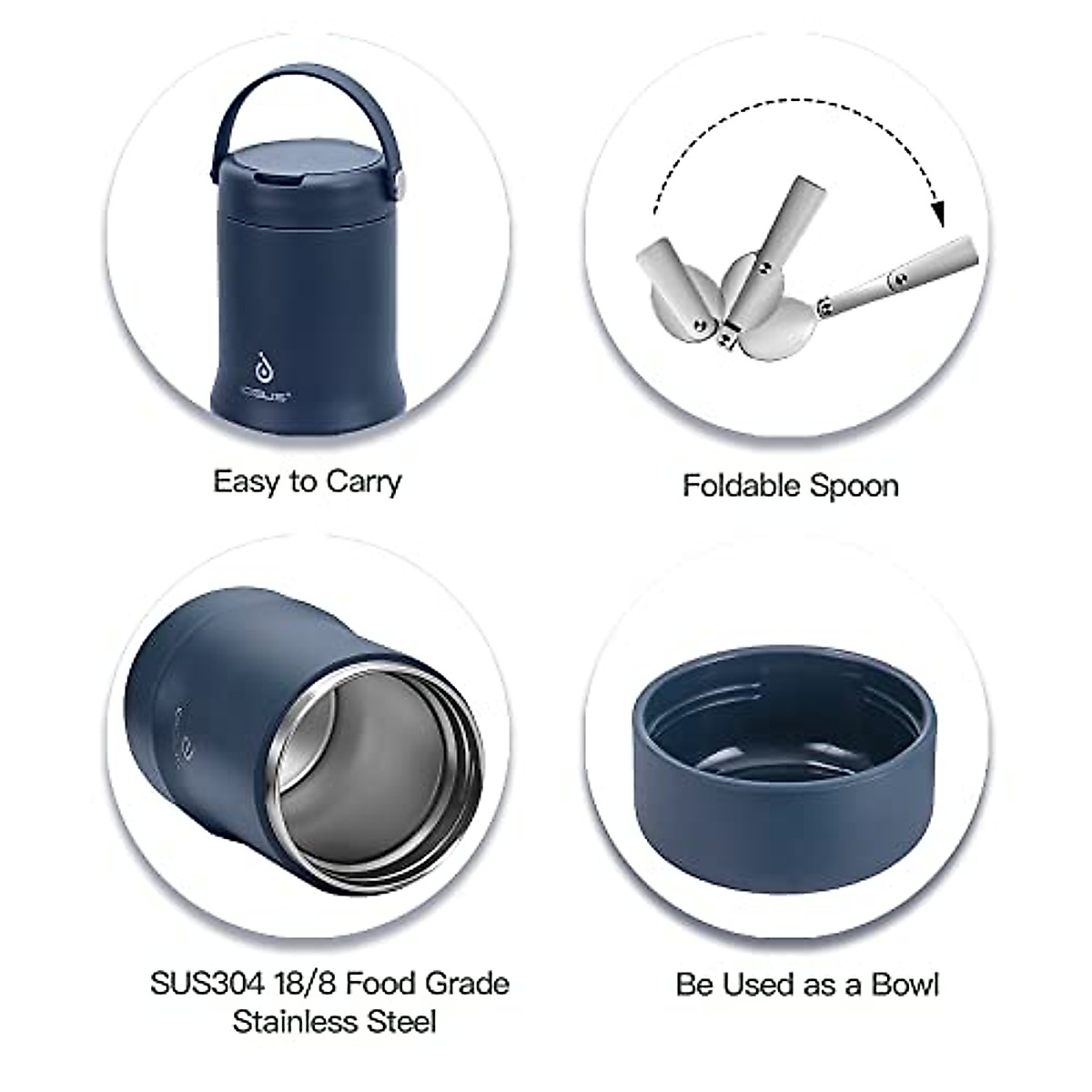 Ideus 20 oz Insulated Food Jar, Stainless Steel Vacuum Thermal Lunch Box Soup Thermoses with Folding Spoon, Leakproof Food Container for School Office Picnic Travel Camping, Navy Blue
