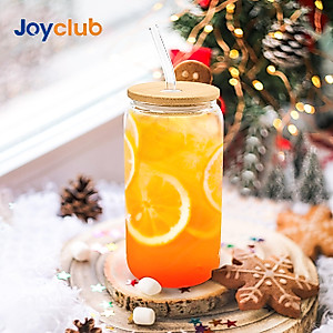 Joyclub 12 Set Glass Cups with Bamboo Lids and Straws 16oz Can Shaped Reusable Iced Coffee Cups with Lids, Drinking Glasses Tumbler with Straw and Lid for Soda Boba Tea Cocktail Whiskey Gift