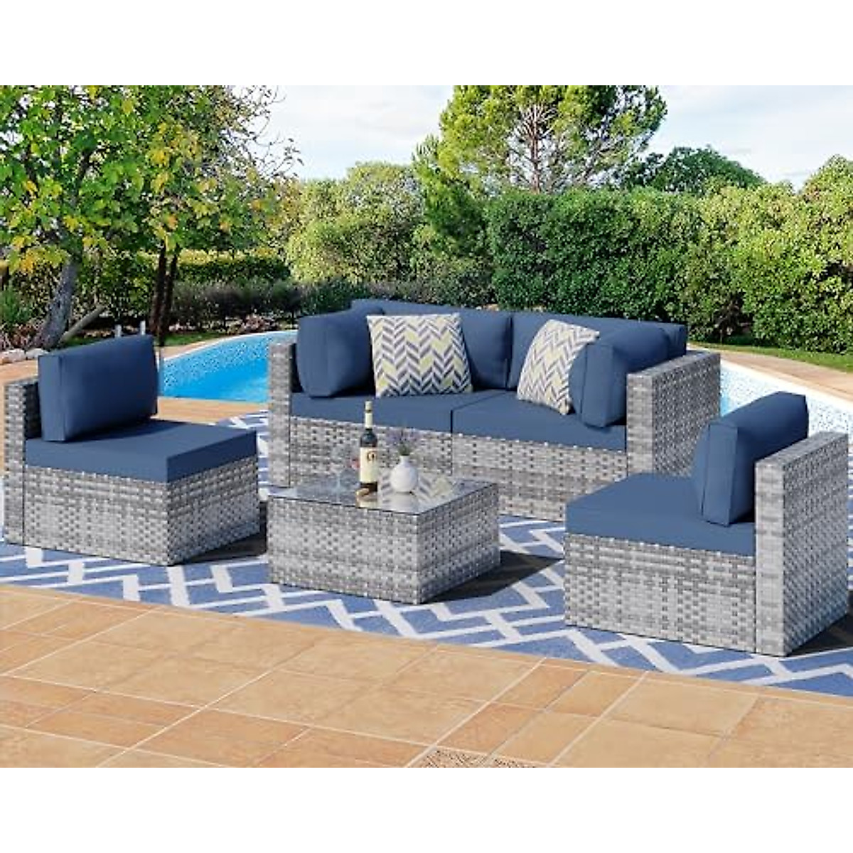 Shintenchi 5 Pieces Outdoor Patio Sectional Sofa Couch, Silver Gray PE Wicker Furniture Conversation Sets with Washable Cushions & Glass Coffee Table for Garden, Poolside, Backyard (Aegean Blue)