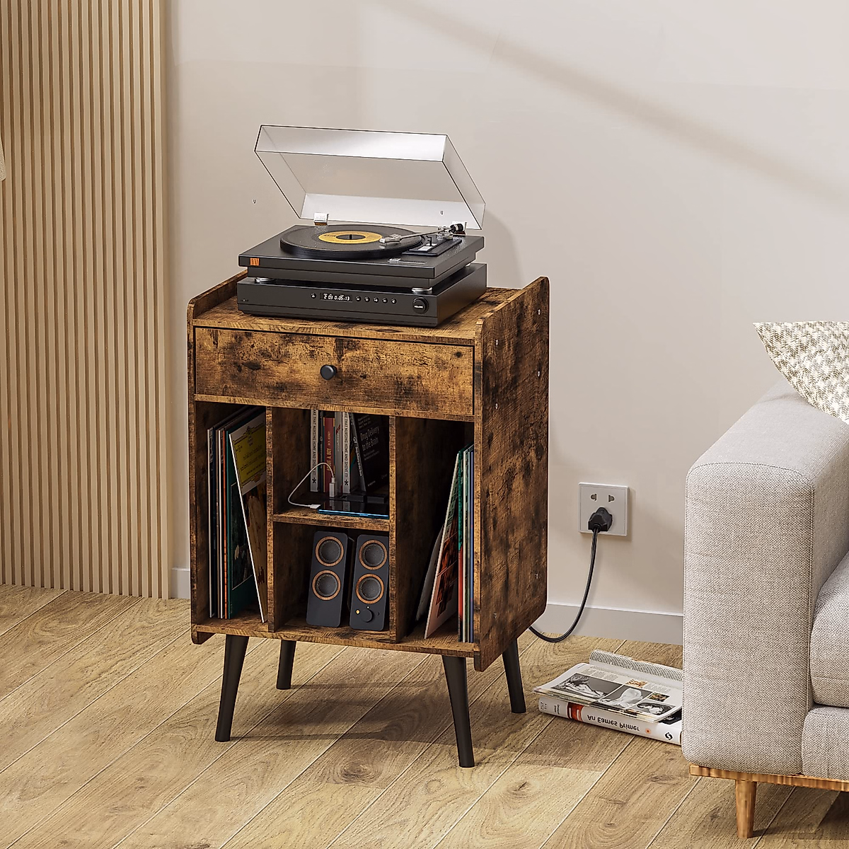 Sengroce Record Player Stand with Record Storage, Charging Station & USB Ports, Turntable Table with Drawer, Up to 165 Albums for Living Room, Bedroom