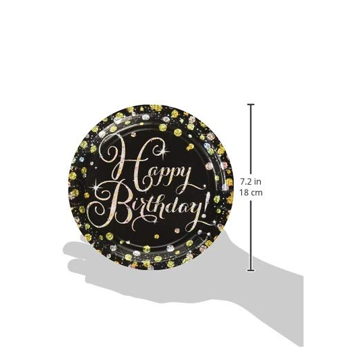 Sparkling "Happy Birthday" Celebration Round Prismatic Plates, 7" (Pack of 8) - Dazzling Black, Silver & Gold Party Plates, Perfect for a Sophisticated Birthday Bash