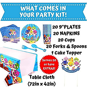 Baby Shark Birthday Party Decorations Kit - 124 Piece Shark Themed Party Supplies Set for Boys | Party Favors Include Disposable/Reusable Tableware Kit, 3' x 5' Photo Backdrop, Happy Birthday Banner, Shark Party Headbands and Balloons | Serves 20 Guests