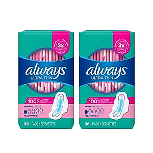 Always Ultra Thin Pads Slender Unscented with Wings, 36 Count x 2 Packs (72 Count total)