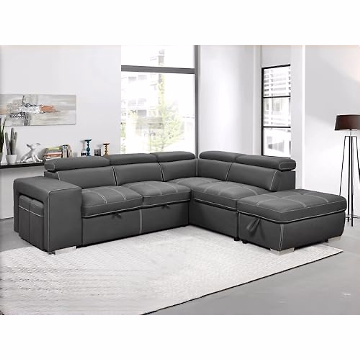 THSUPER 104'' Microfiber Sectional Sleeper Sofa with Pull-Out Bed, Sofa with Chaise & Storage Ottoman. 5 Seater L-Shaped Couch with Adjustable Headrest and Stools. Charcoal Grey