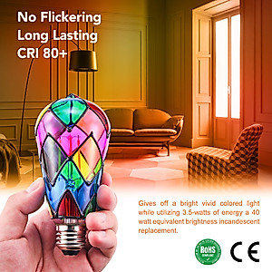 Tidorlou 2 Pack Stained Glass LED Light Bulb, Dimmable E26 Medium Base, A60/ ST64 3.5W LED Bulb for Home Party, Balcony, Garden, Christmas Decoration (ST65)