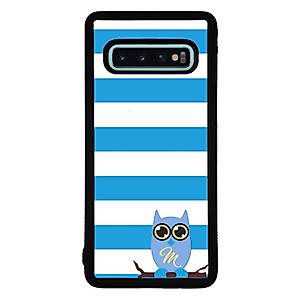 Blue and White Bars Owl Personalized Initial Phone Case Compatible With Samsung Galaxy S25 S25+ S25 Ultra S24 S24+ S24 Ultra S24FE, S23 FE S23+ Ultra S22 S22+ Ultra