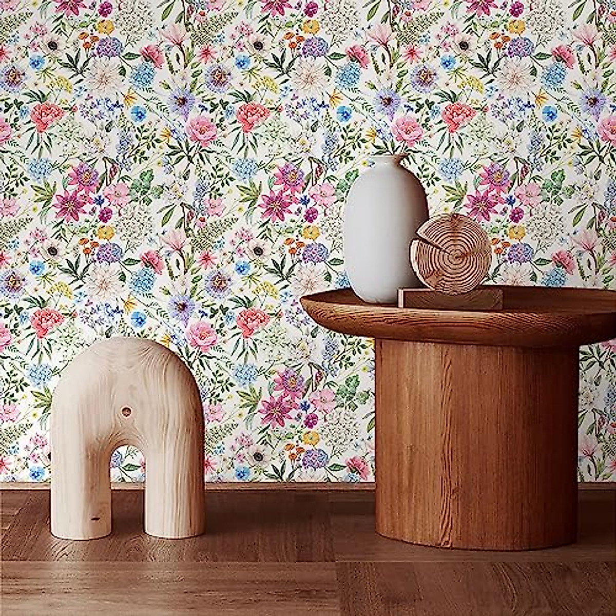MuralPeel Boho Pink/White Colorful Flowers Floral Botanical Plants Peel and Stick Wallpaper Easy Peel Off Vintage Self Adhesive Removable Wall Paper for Kitchen Cabinet Furniture Renter Friendly