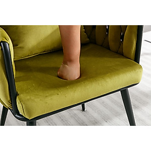 INMOZATA Mid Century Modern Dining Chairs Set of 2, Hand Weaving Accent Chairs Living Room Chairs, Upholstered Velvet Armchair with Metal Legs for Dining Room Kitchen Living Room Vanity,Olive Green