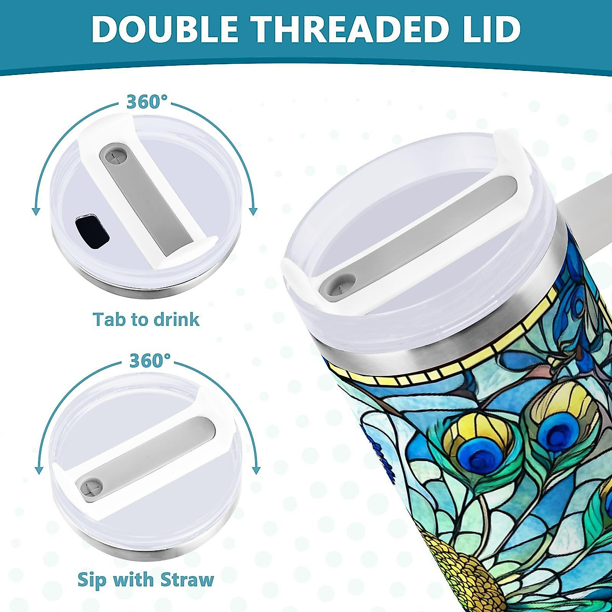 RPLIFE Peacock Stained Glass 40 Oz Tumbler with Handle, Stainless Steel Tumbler with Straw, Coffee Tumbler for Women
