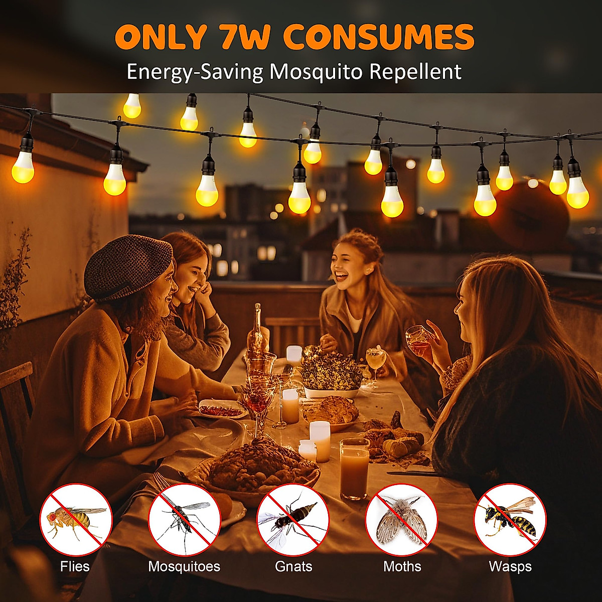 Qualirey Mosquito Repellent LED String Light for Outdoor, 7W Waterproof Mosquito Repellent Light Bulbs Outdoor Mosquito Repellent for Patio Backyard Deck(37.7 ft)