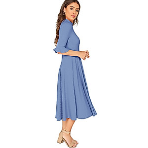 Verdusa Women's Elegant Ribbed Knit Bell Sleeve Fit and Flare Midi Dress Slate Blue S