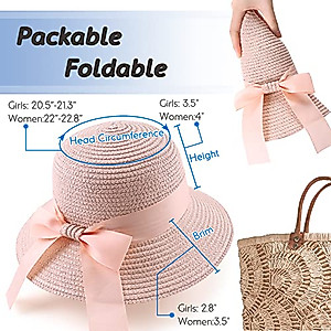 Zsedrut Women,Little Girls Straw Sun Hat Summer Beach Cap Foldable Visor Floppy Hats Wide Brim with Bowknot(Pinkbow,2-4T)