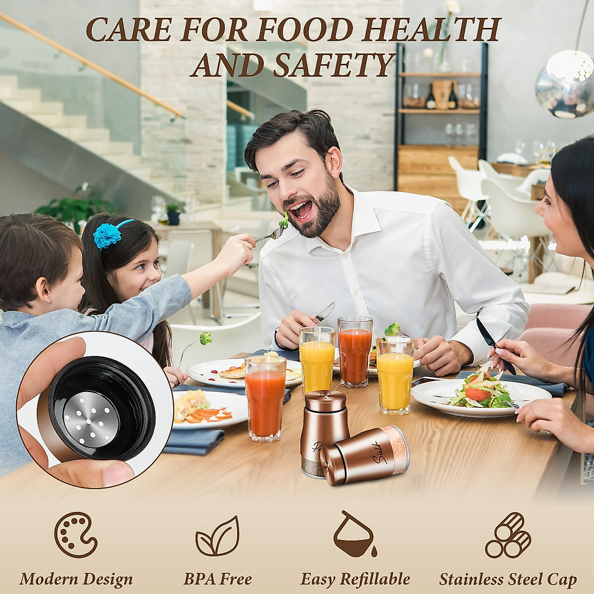 Copper Salt and Pepper Shakers Set, 5 oz Glass Bottom Salt Shaker with Stainless Steel Lid Modern Farmhouse Kitchen Decor and Accessories for Restaurant, Wedding, Housewarming Gifts (Copper)