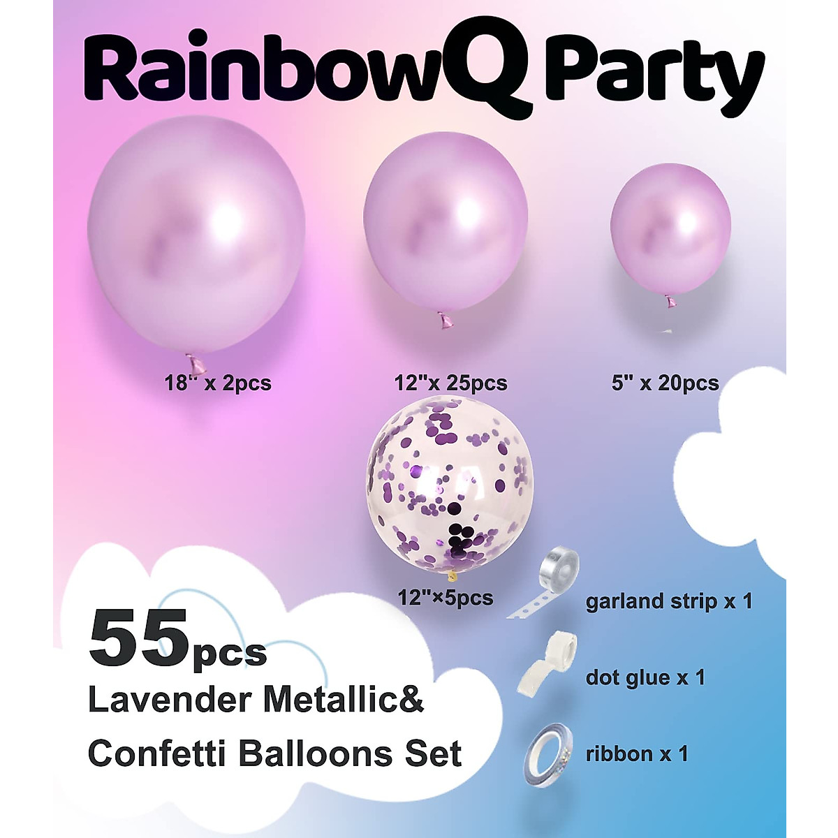 RainbowQ Party 55PCS Metallic Lavender Balloons Different Sizes 18/12/5 Inch Light Purple Shiny Latex Helium Balloons Garland Arch Kit for Anniversary Birthday Party Decorations