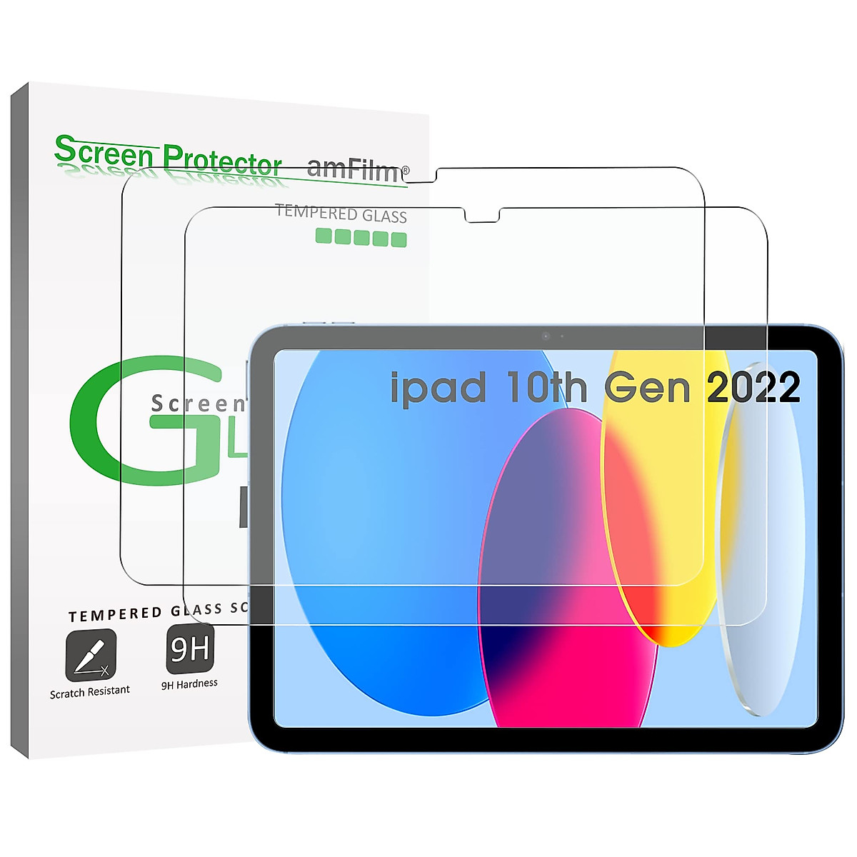 amFilm 2-Pack Glass Screen Protector Compatible with iPad 10th Generation 10.9 Inch (2022), 9H Tempered Glass Screen Protector, Ultra Sensitive, Face ID & Apple Pencil Compatible