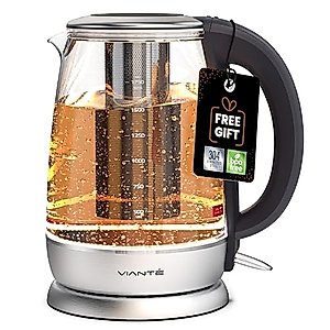 Vianté Electric Glass Tea Kettle with Removable Infuser. Hot tea infuser Pot for Loose Leaf & Bagged Tea. BPA-FREE. Stainless Steel & Borosilicate Glass. LED Illuminated. 1.7 Liters capacity.