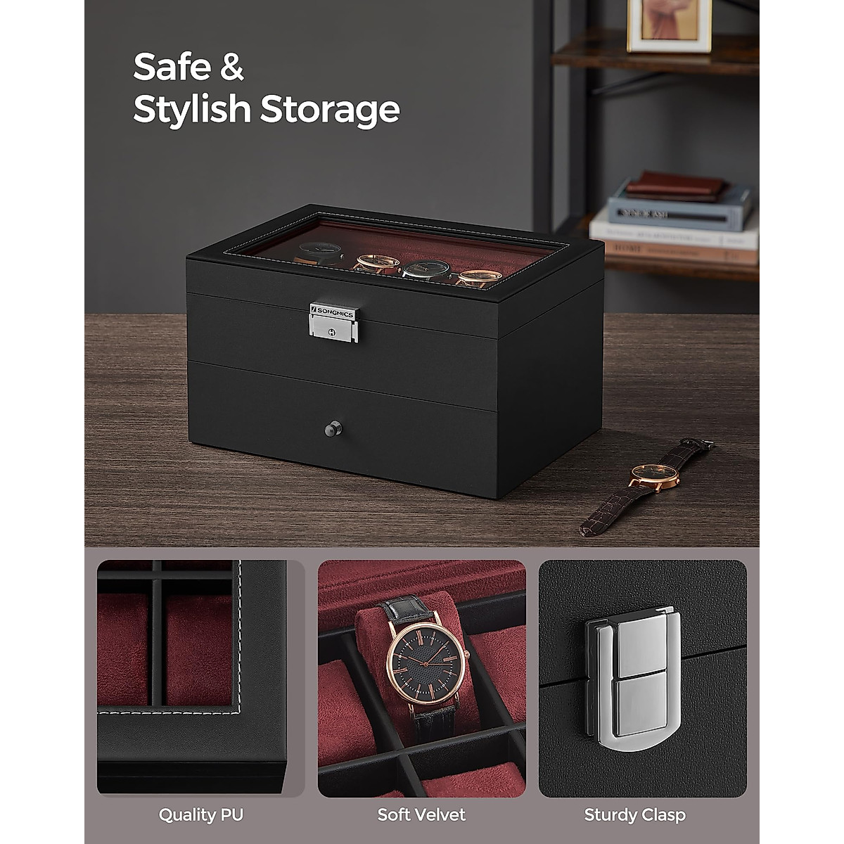 SONGMICS 20-Slot Watch Box, Watch Case with Glass Lid, 2 Layers, Lockable Watch Display Case, Black Synthetic Leather, Wine Red Lining UJWB020R01