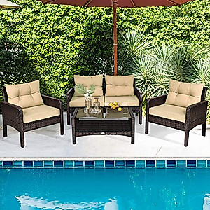 HAPPYGRILL 4-Piece Patio Furniture Set Outdoor Rattan Wicker Sofa Set with Cushions & Coffee Table, Conversation Sofa Set with Tempered Glass Table Top and Storage Shelf